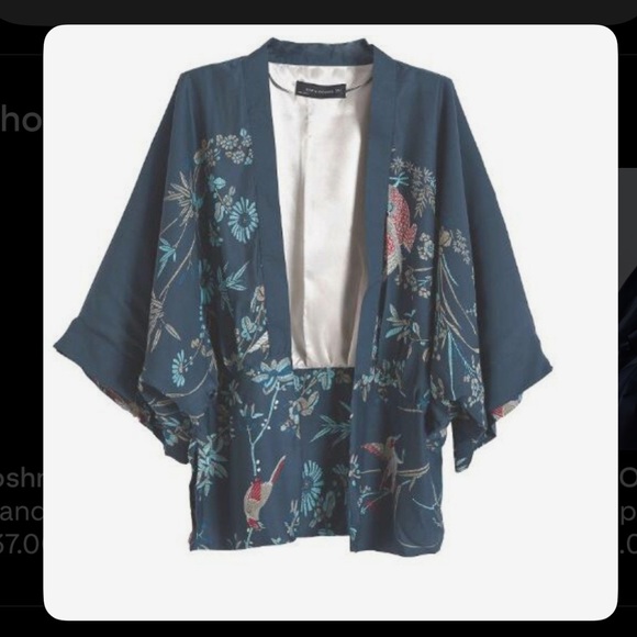 Jackets & Coats | Zara Kimono Duster Navy Blue With Japanese Print ...